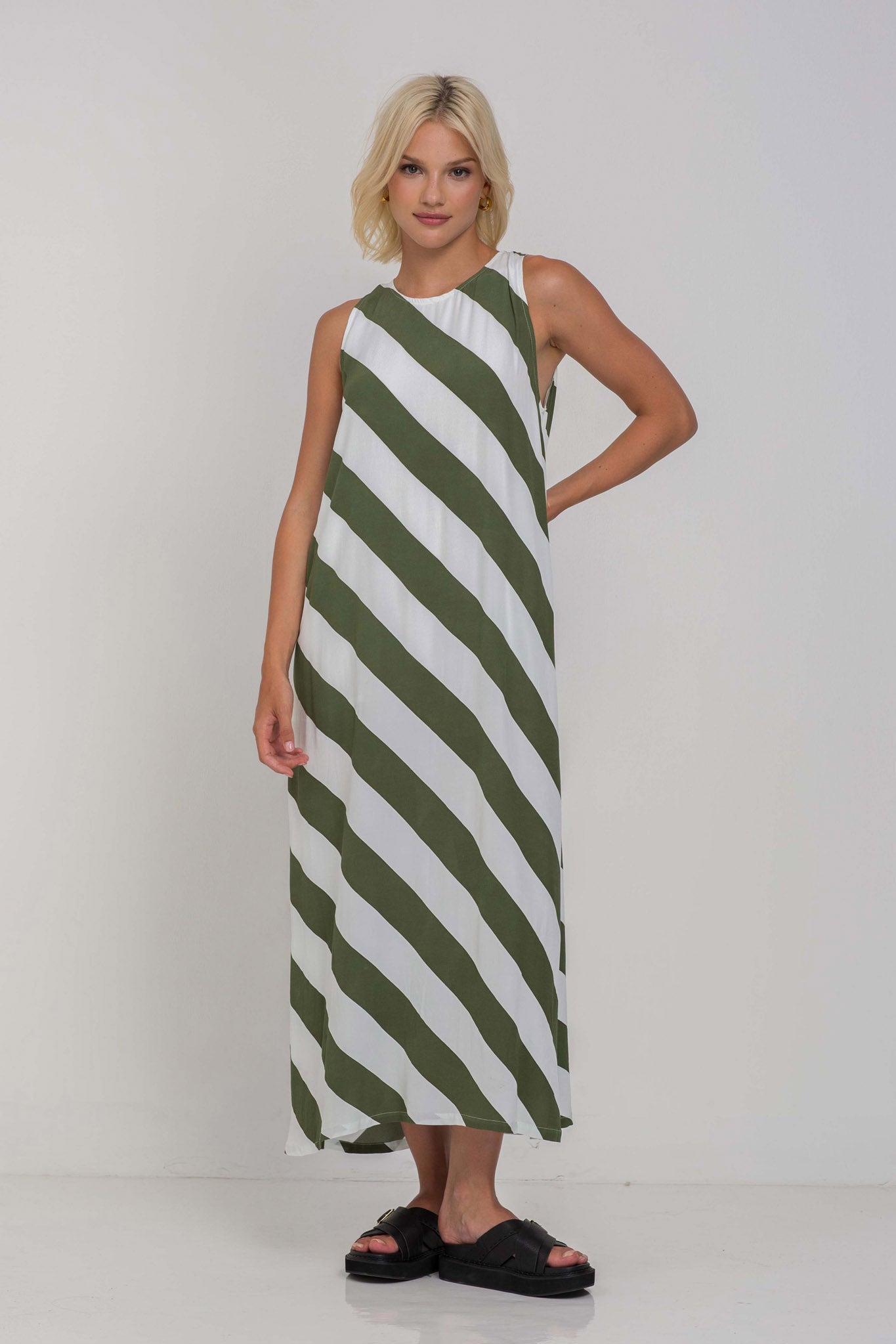 H25/50663 Finally Here Dress - Dried Mint/Ivory Diagonal Stripe